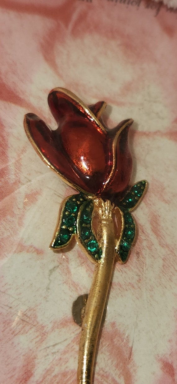 NEW Vintage Enamel Ruby Rose Pin, Dark Red Sculpted P… - Gem