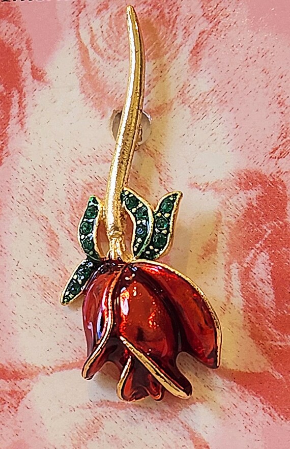 NEW Vintage Enamel Ruby Rose Pin, Dark Red Sculpted P… - Gem
