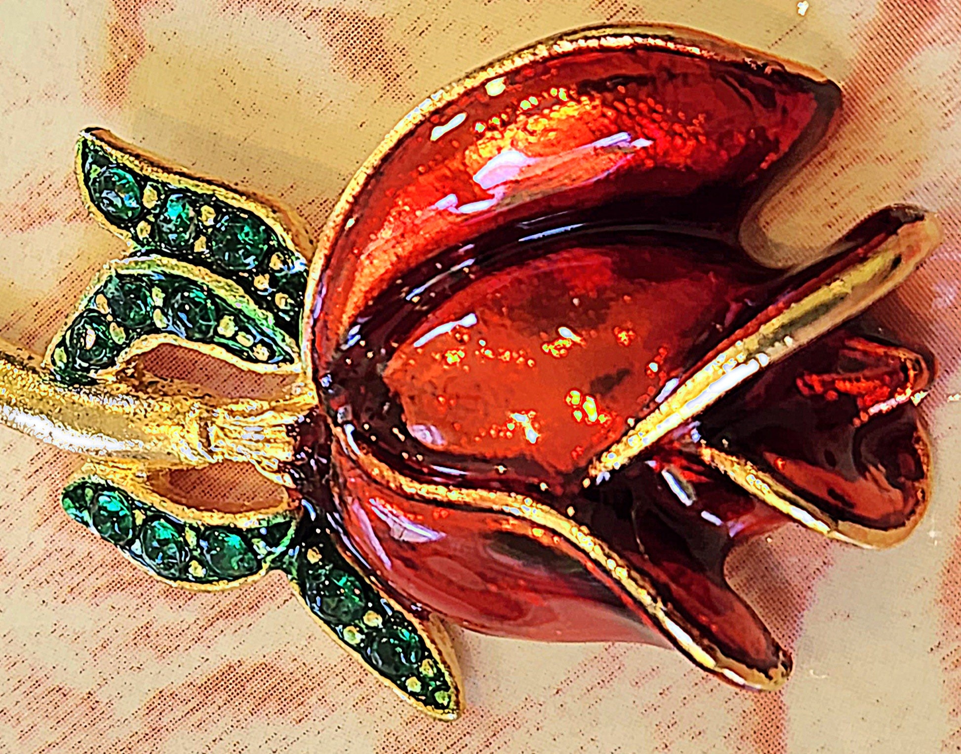NEW Vintage Enamel Ruby Rose Pin, Dark Red Sculpted Petals, Gold Edging ...
