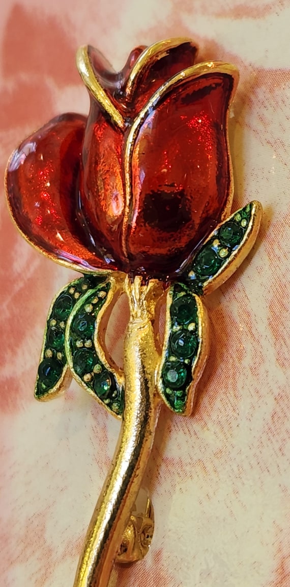 NEW Vintage Enamel Ruby Rose Pin, Dark Red Sculpted P… - Gem