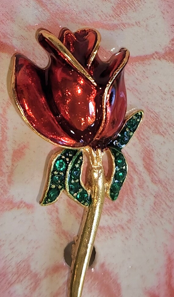 NEW Vintage Enamel Ruby Rose Pin, Dark Red Sculpted P… - Gem