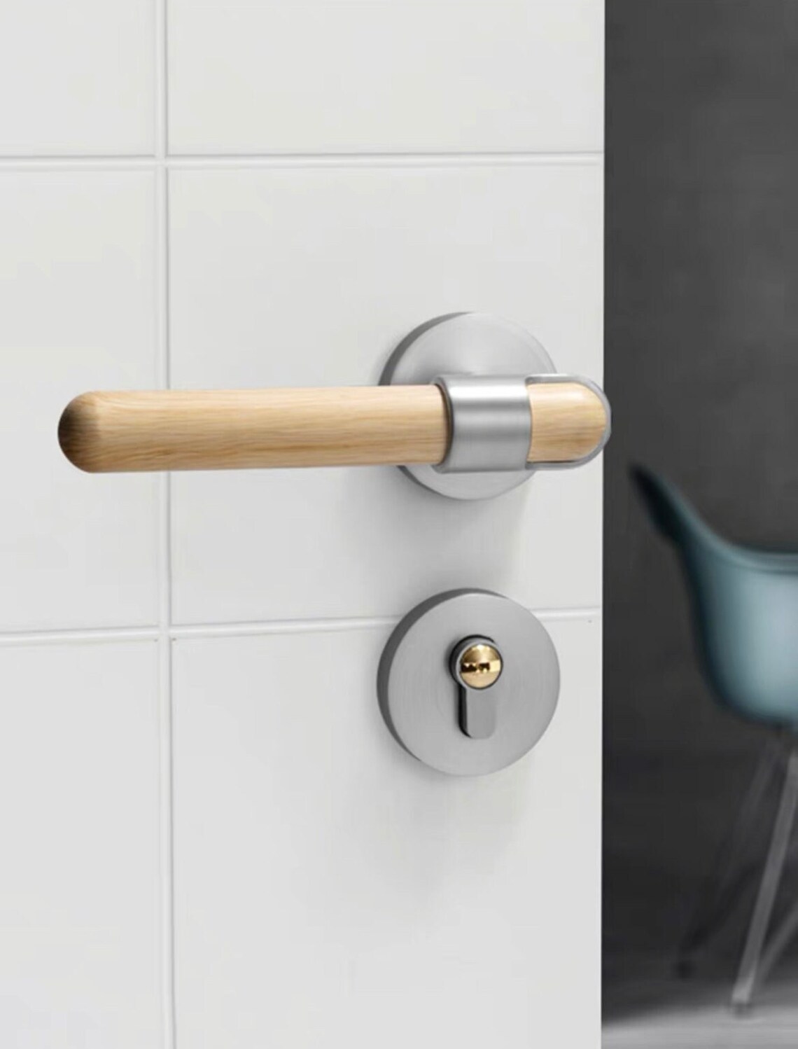 Oak Wood Door Lever Brushed Nickel Door Lock Handle - Etsy