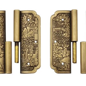 2 Pcs Chinese Vintage Brass Cabinet Door Hinge, Antique Landscape ...