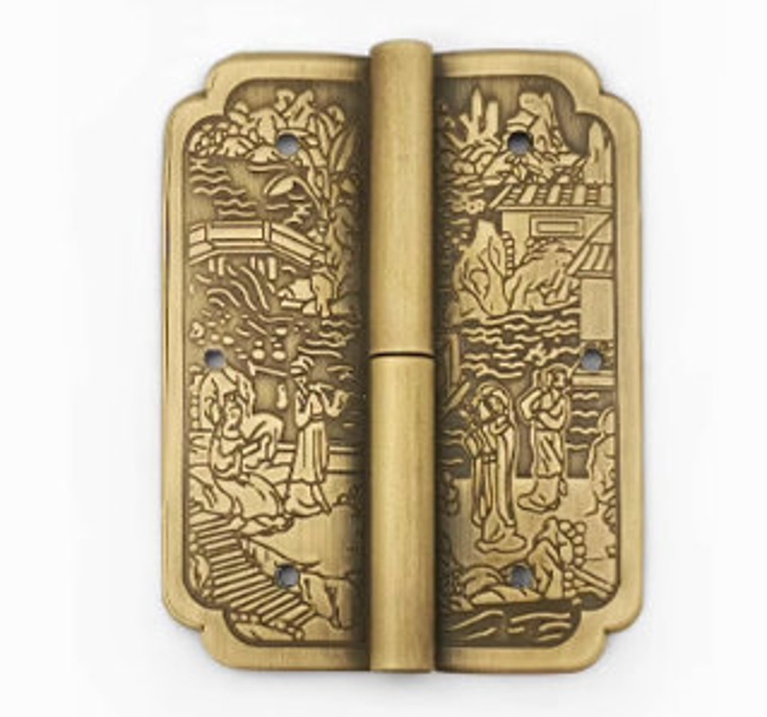2 Pcs Chinese Vintage Brass Cabinet Door Hinge, Antique Landscape ...