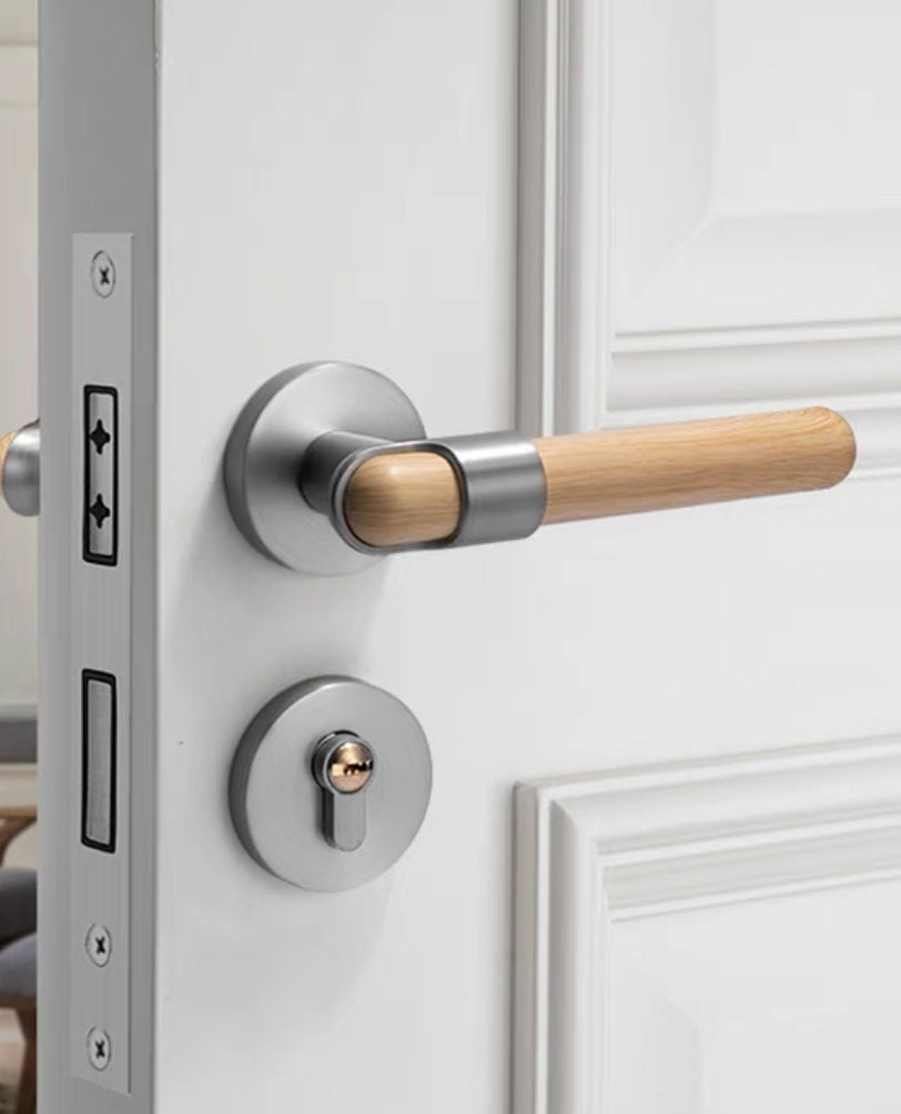 Oak Wood Door Lever Brushed Nickel Door Lock Handle - Etsy