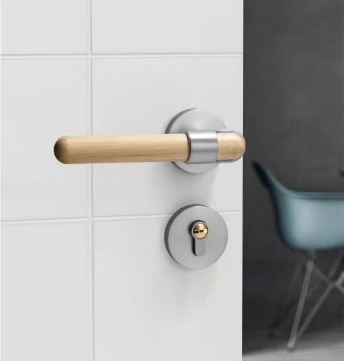 Oak Wood Door Lever Brushed Nickel Door Lock Handle - Etsy