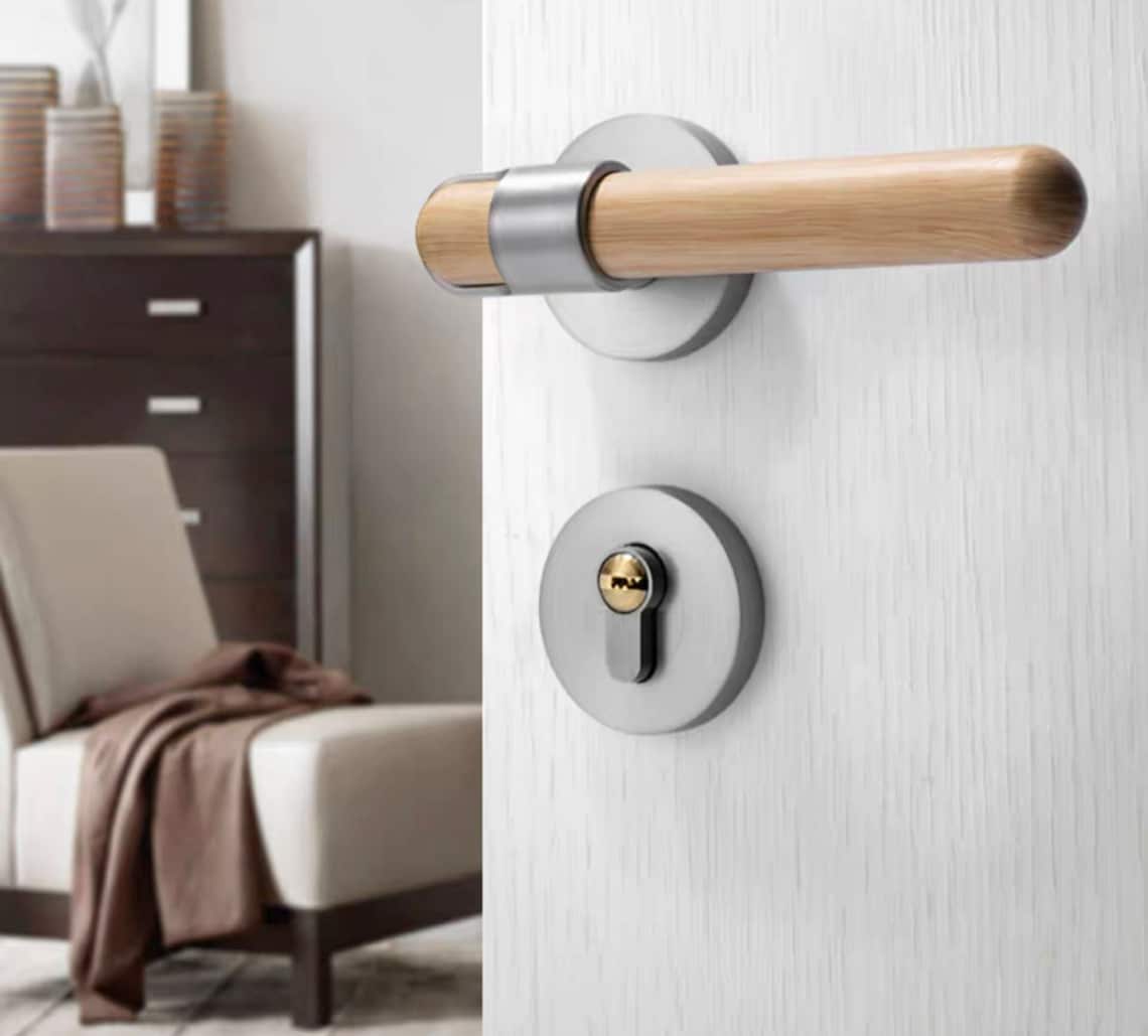 Oak Wood Door Lever Brushed Nickel Door Lock Handle - Etsy