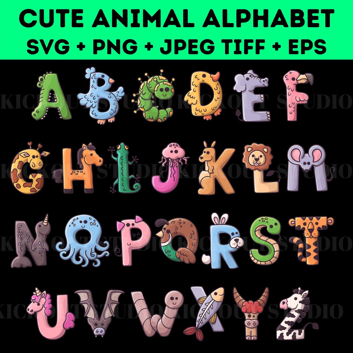 Cute Animal Alphabets A-Z Svg Eps Png Jpeg Tiff Animal Alphabet Bundle ...