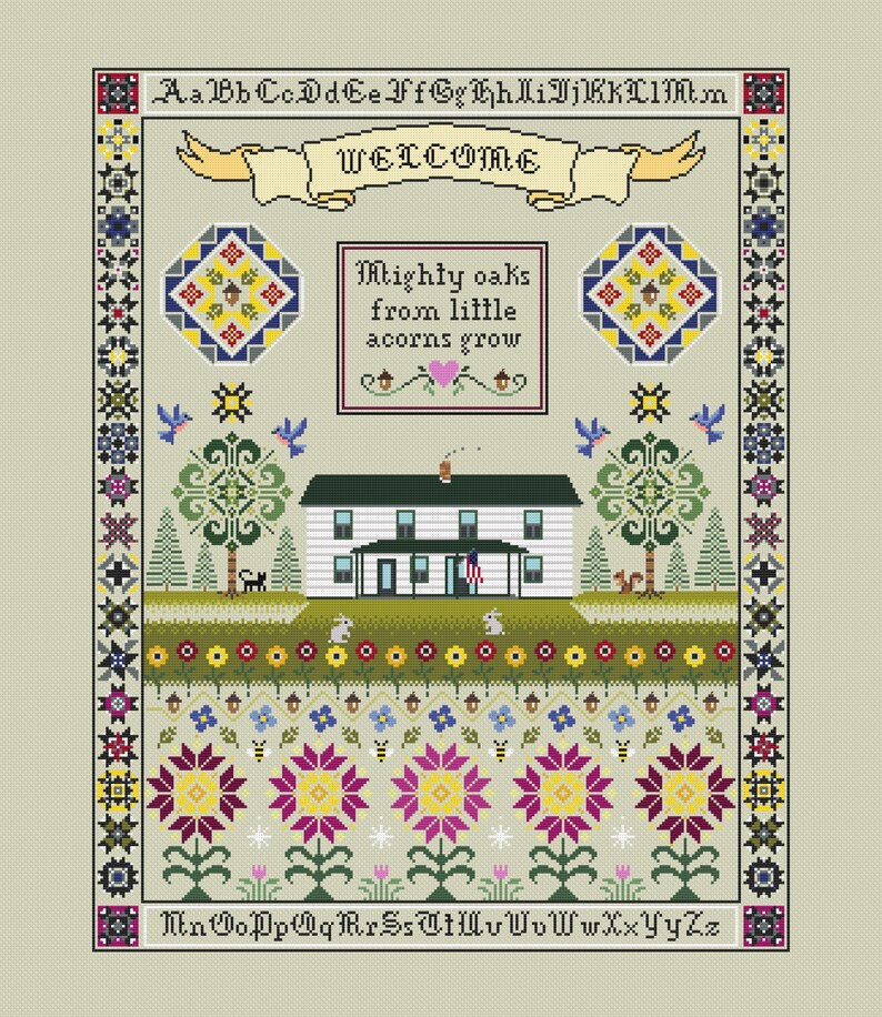 Farmhouse Sampler Cross Stitch Pattern: Vintage Floral Animal Design ...