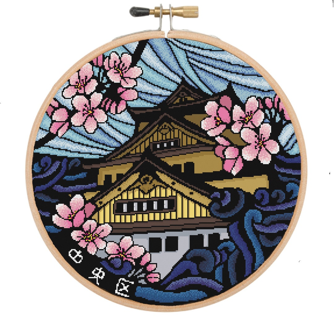 Cherry Blossom Temple Cross Stitch Pattern: Japanese Landscape (PDF ...