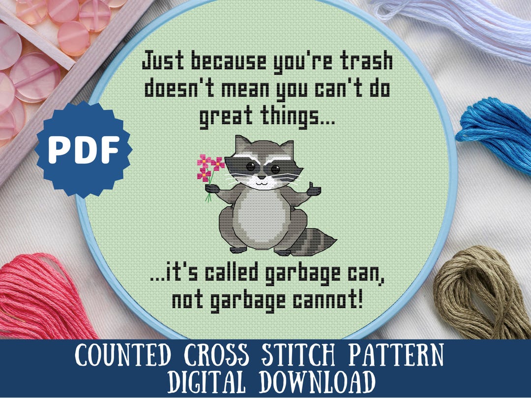 Garbage Can Raccoon Cross Stitch Pattern | Funny Raccoon Embroidery ...