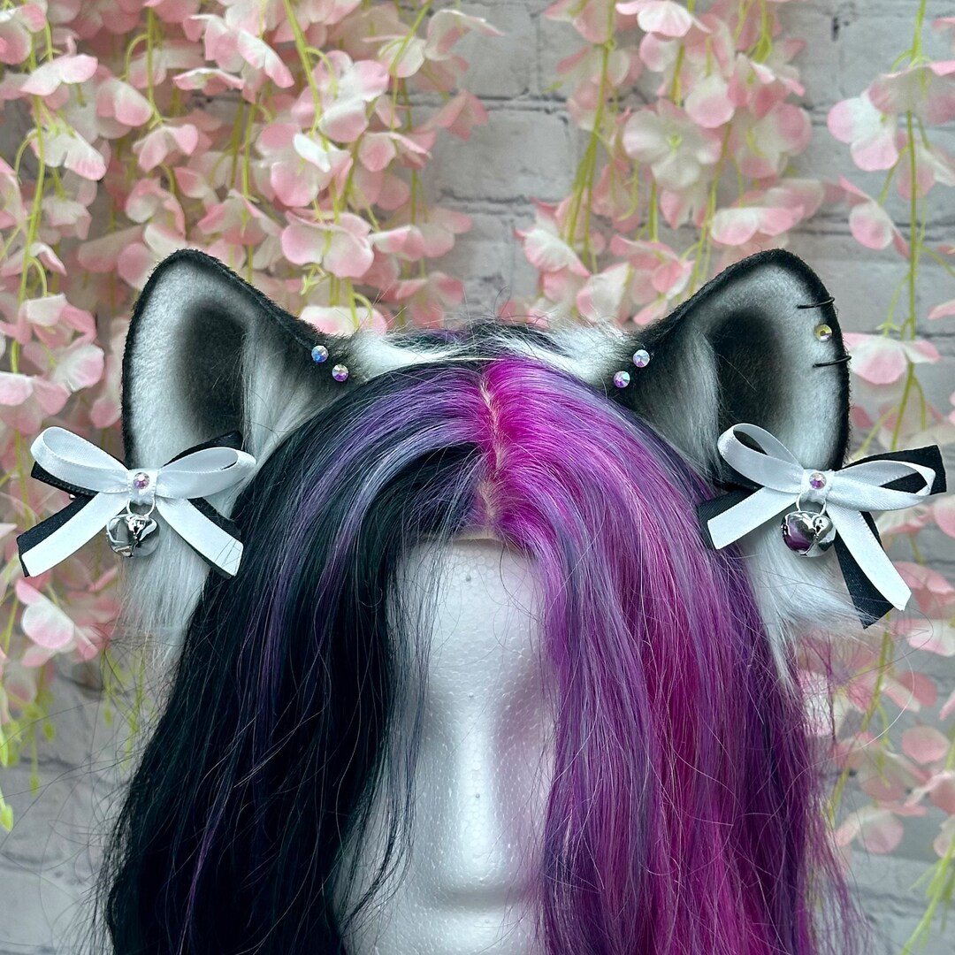 Realistic Black and White Cat Ear Headband With Bows Nekomimi Ears Cat ...