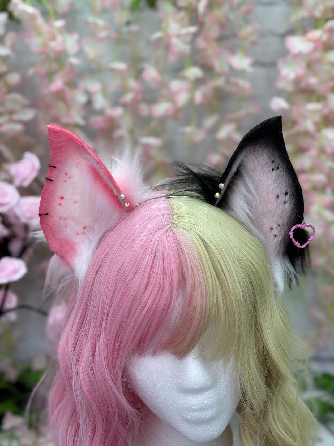 Premade Pastel Pink and Black Bat Ears Bat Ear Headband Kawaii Goth Bat ...