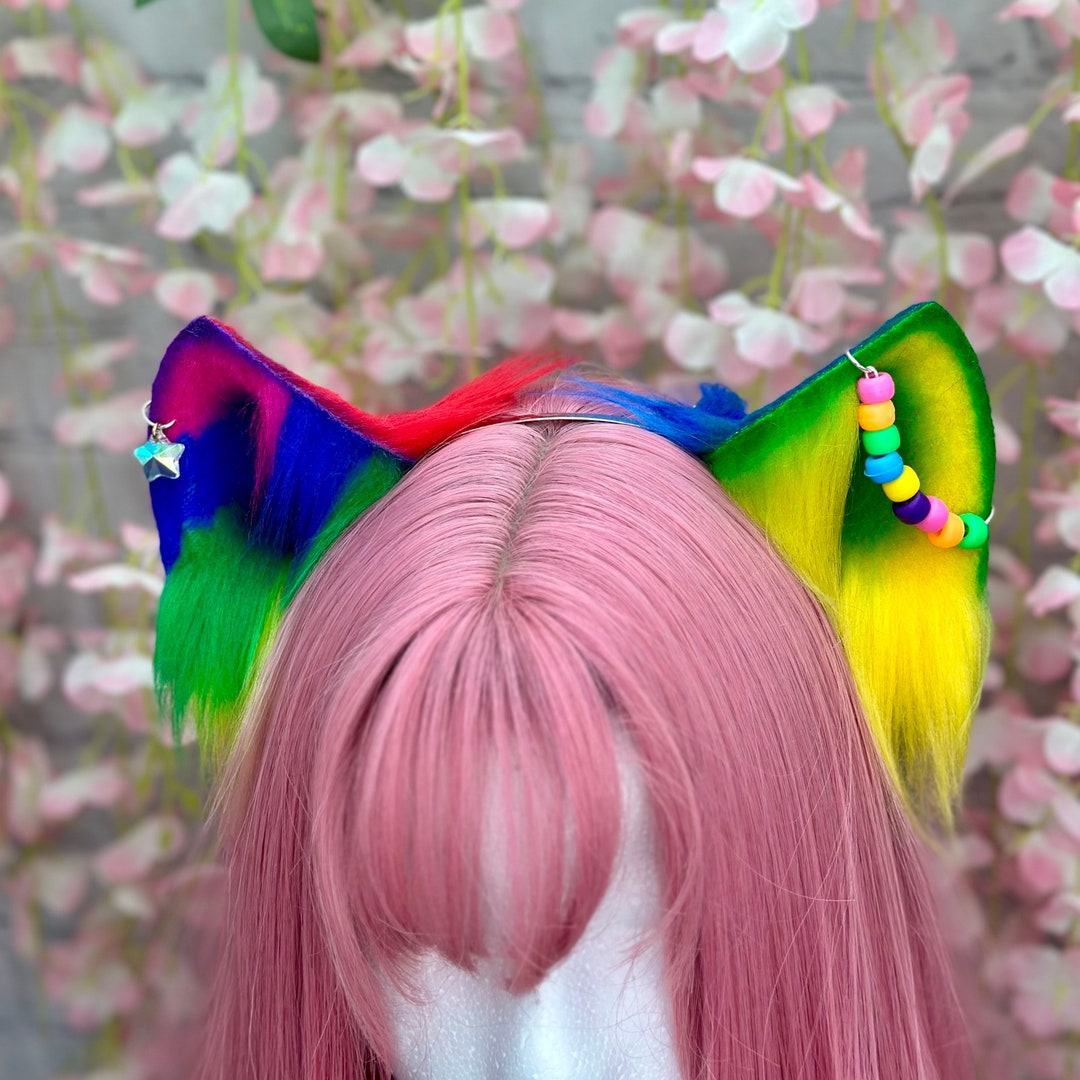Rainbow Kidcore Cat Ears Headband Rainbowcore Cosplay Faux Fur Kitty ...