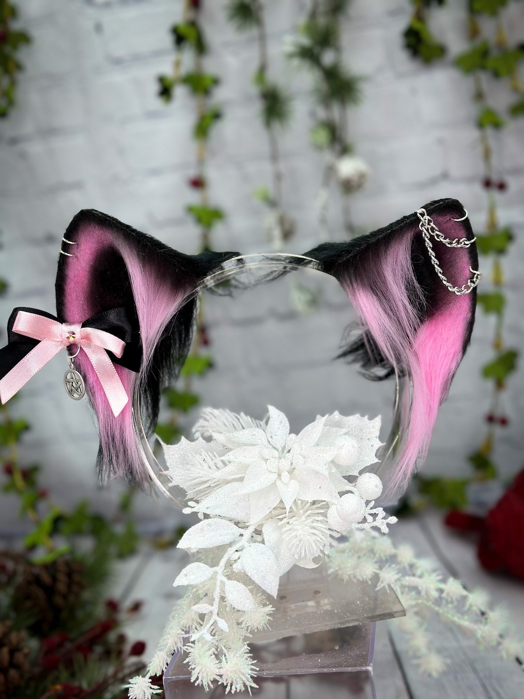 Pink and Black Goth Cat Ears With Detachable Bows Faux Fur Realistic ...