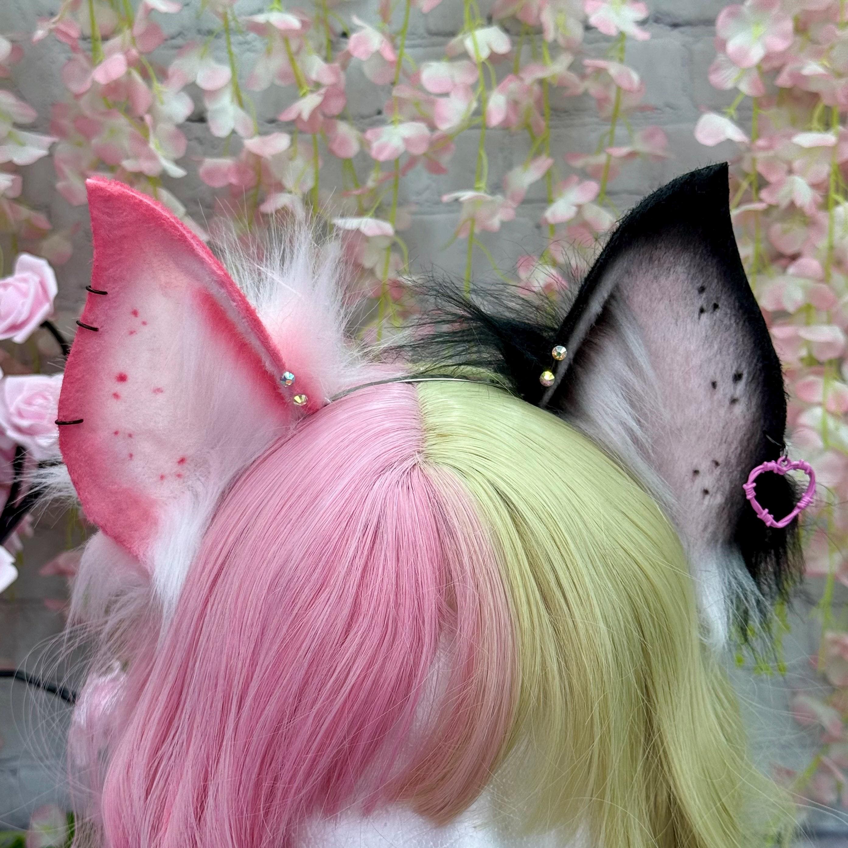 Premade Pastel Pink and Black Bat Ears Bat Ear Headband Kawaii Goth Bat ...