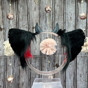 Red and Black Cat Ears With Horns and Tail Devil Cat Ears Nekomimi Red ...