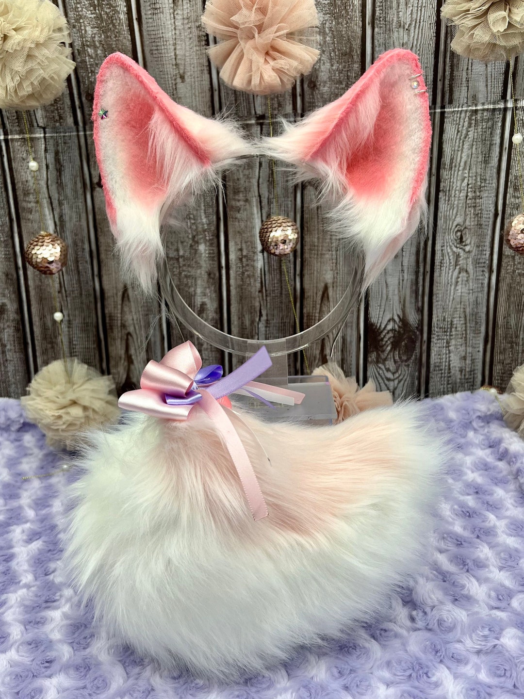 Orejas y cola de lobo rosa y blanco Kawaii Soft Pink pastel Mini Husky ...