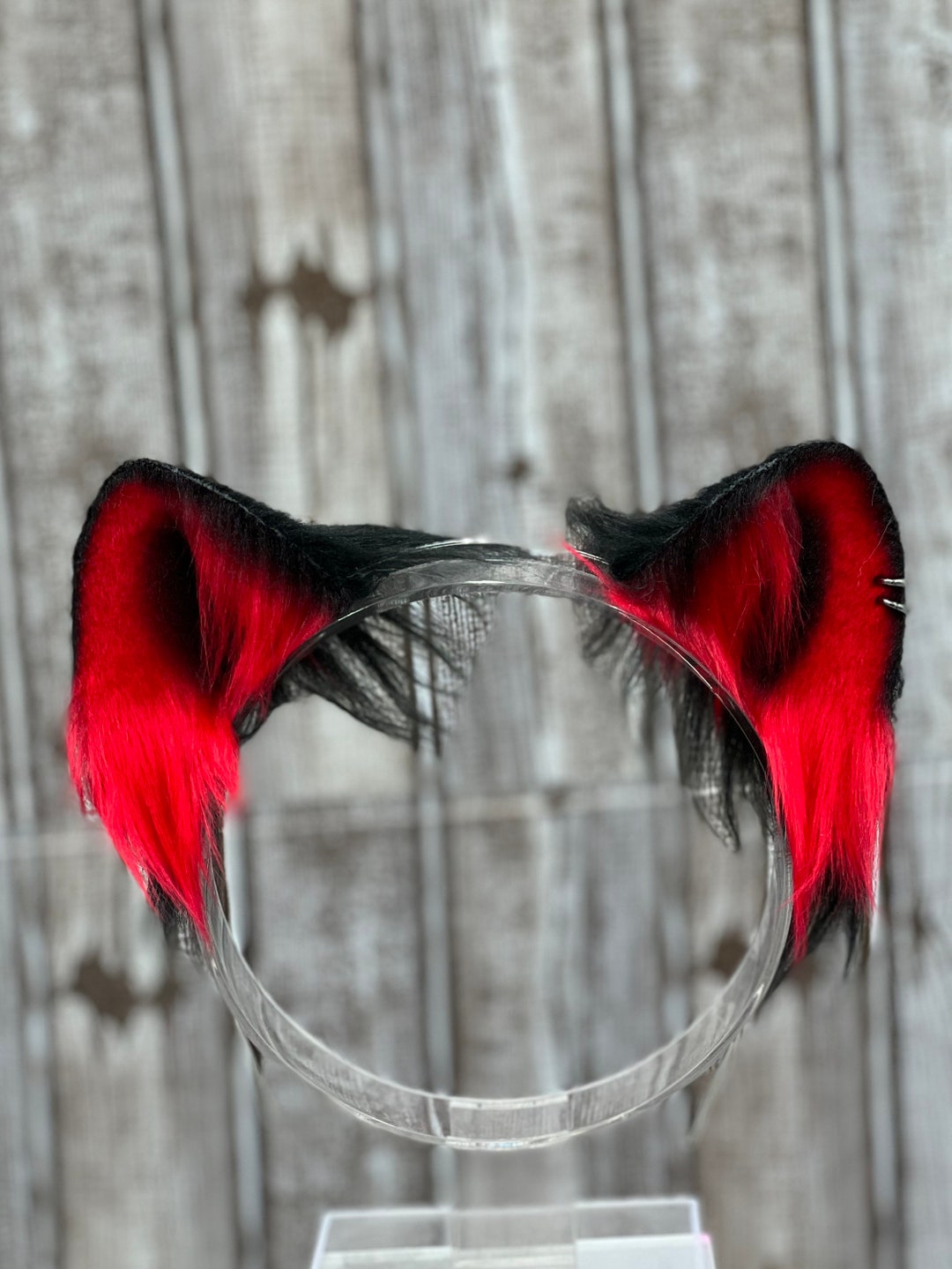 Red and Black Cat Ears Headband With Cat Tail Faux Fur Costume Furry ...
