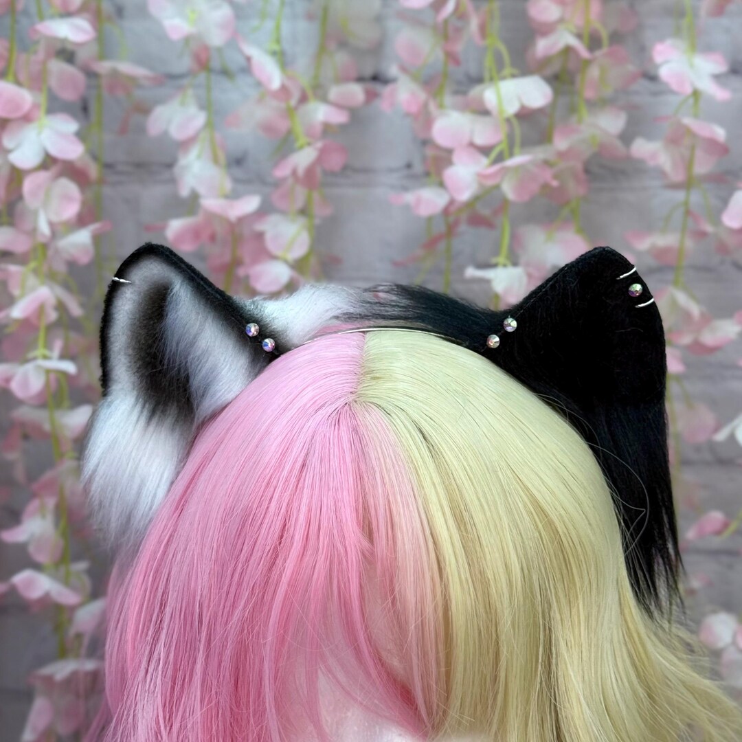 Black and White Realistic Cat Ears Headband Split Dye Nekomimi Ears ...