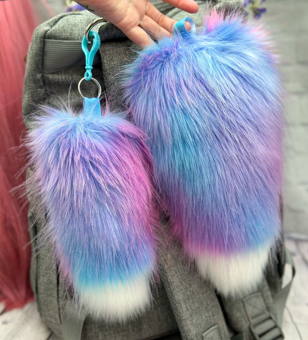 Pink Blue Ombré Faux Fur Tail Keychain Furry Fox Tail Clip on Tail Cute ...