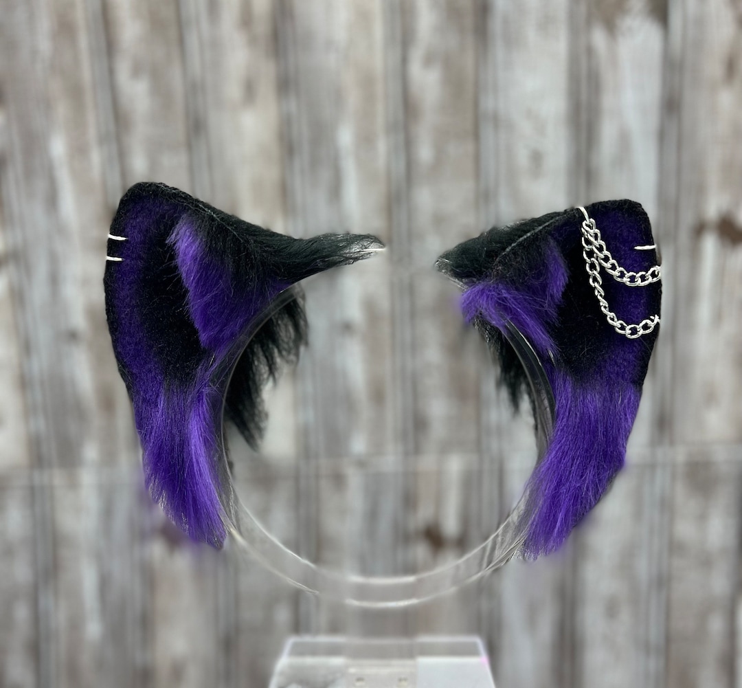 Goth Neko Cat Ears Headband: Purple & Black Faux Fur, Chain Piercings ...