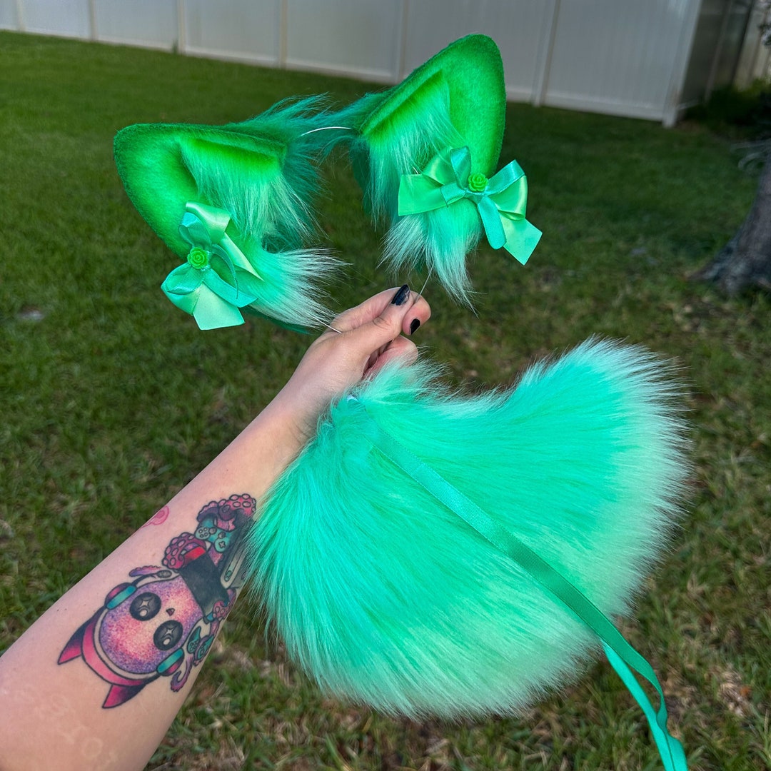 Cute Green Fox Ears and Tail Set Kawaii Anime Cat Ears Cartoon Cat ...
