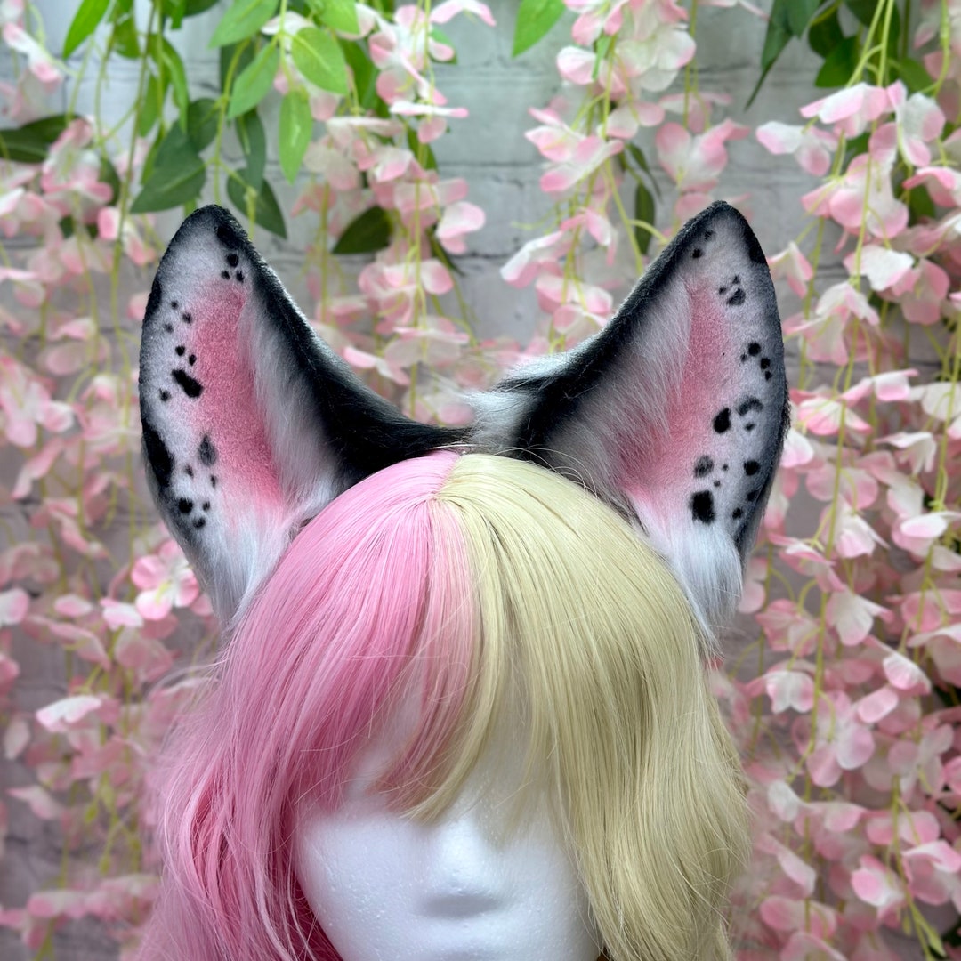 Premade Gray and Black Merle Fox Ears Large Wolf Faux Fur Cosplay Faux ...