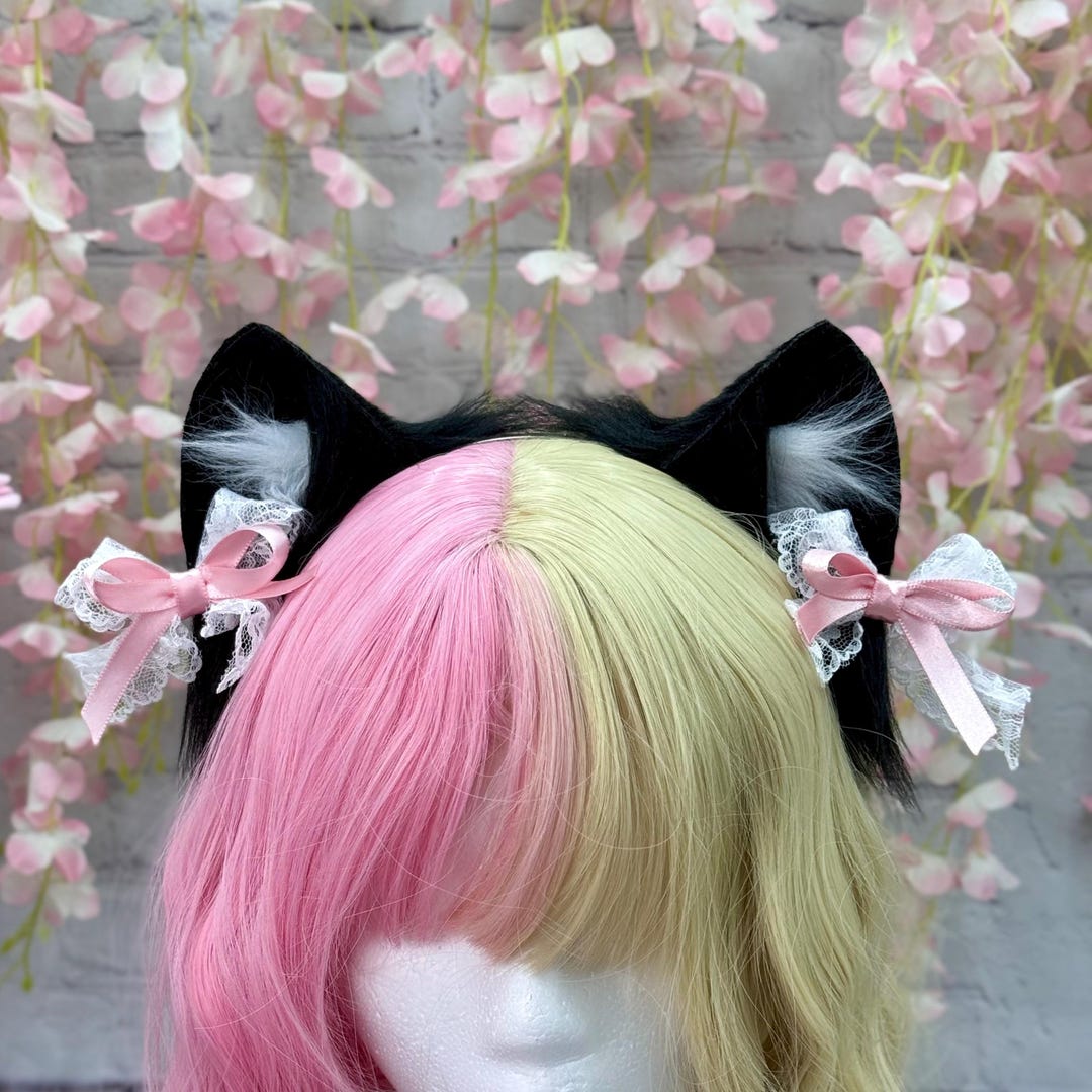 Realistic Black and White Cat Ears Neko Ears With Detachable Bows ...