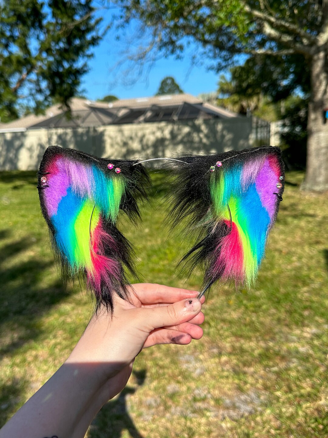 Rainbow Pride Themed Cat Ear Headband Rainbow And Black Pride Cat Ears With Gems On A Headband