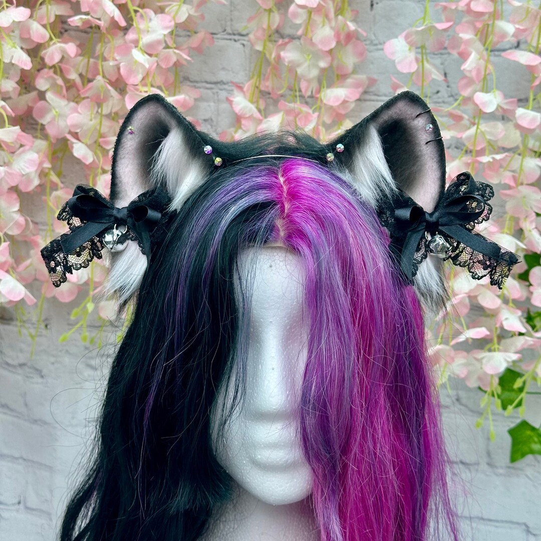 Pink and Black Cat Ear Headband With Bows Nekomimi Cosplay Ears Faux ...