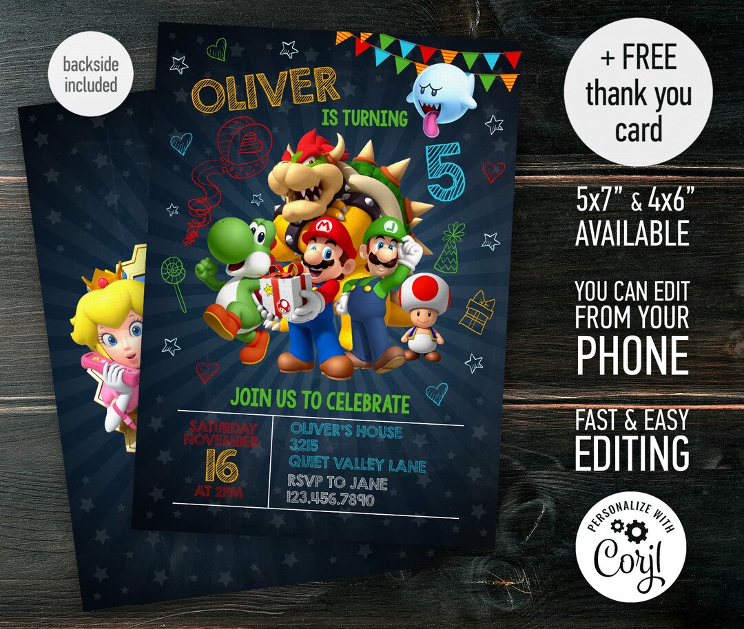 Printable Birthday Invitation, Mario Invite, Super Mario Invitation ...