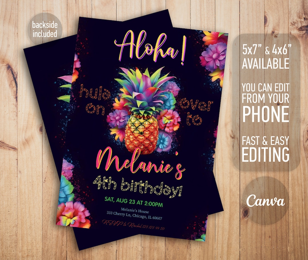 Aloha Party Invitation, Pineapple Party Birthday, Hawaii Editable Girl ...