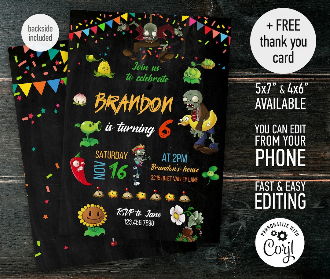 Printable Plants Vs Zombies Birthday Invitation, Plants Vs Zombies ...