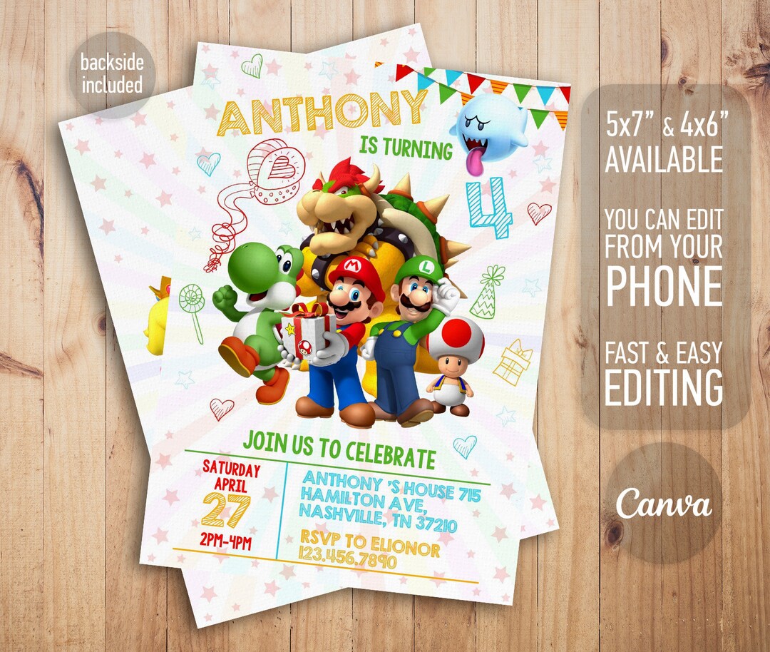 Mario Invitation, Printable Birthday Invite, Editable Invitation, Girl ...