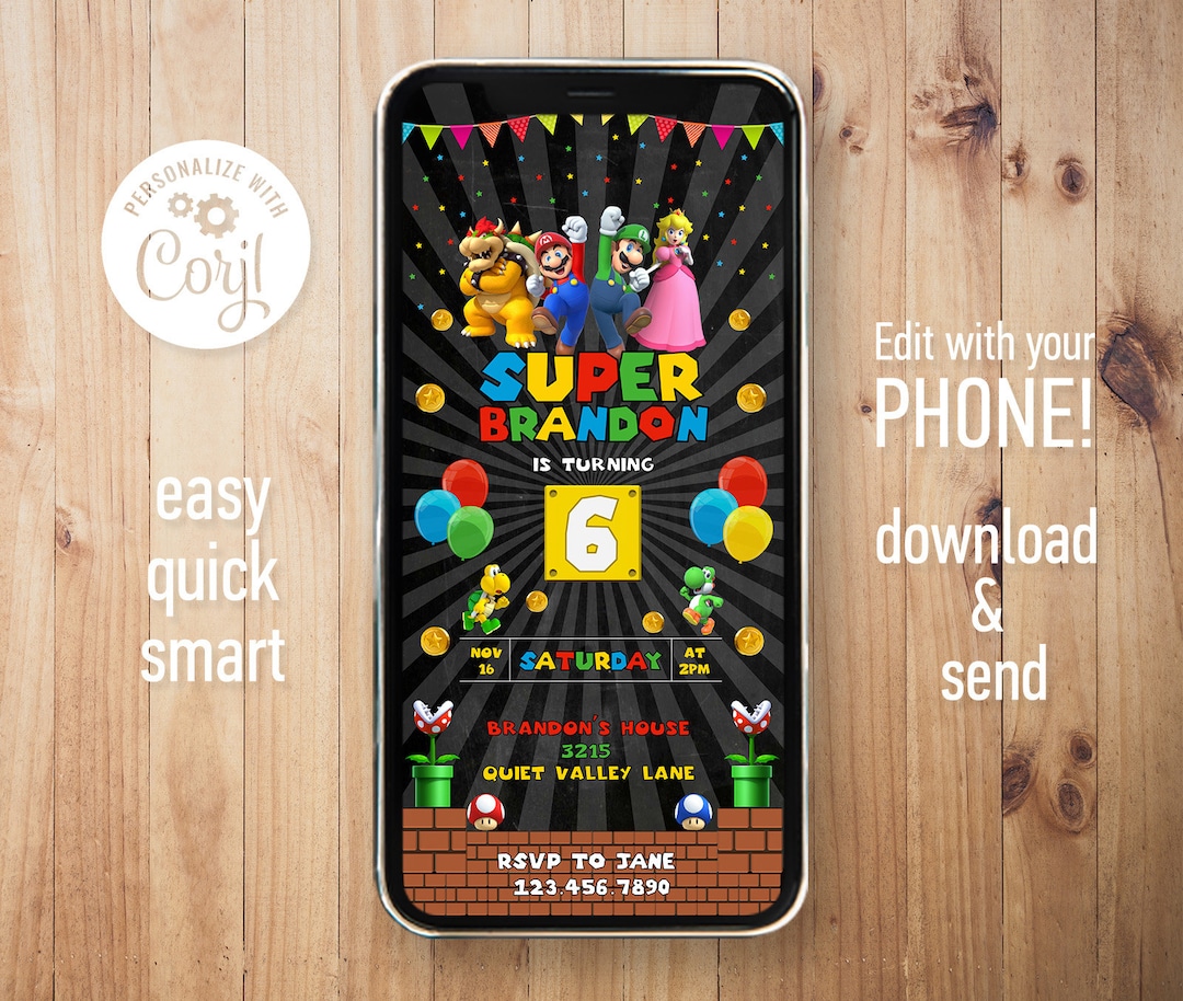 Editable Super Mario Invite, Mario Bros Birthday Invitation, Boy Girl ...