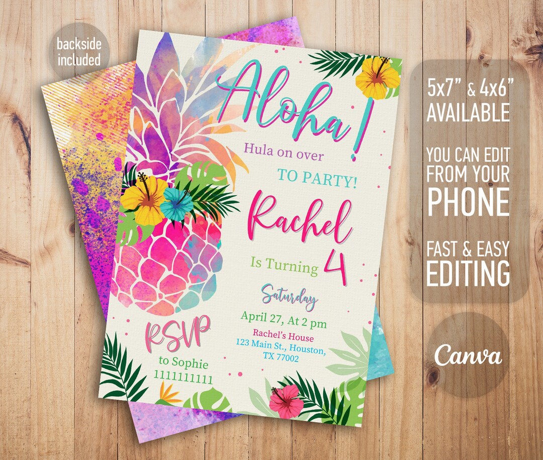 Aloha Party Invitation, Pineapple Party Birthday, Hawaii Editable Girl ...