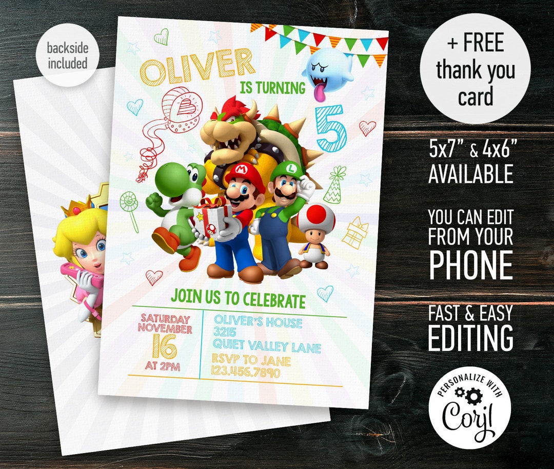 Printable Birthday Invitation, Mario Invite, Super Mario Invitation ...