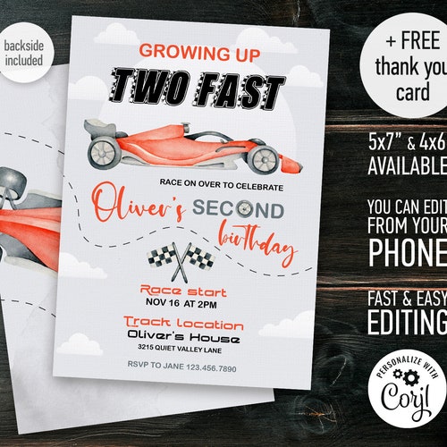 TWO Fast Birthday Text Invitation Template Editable Race Car - Etsy
