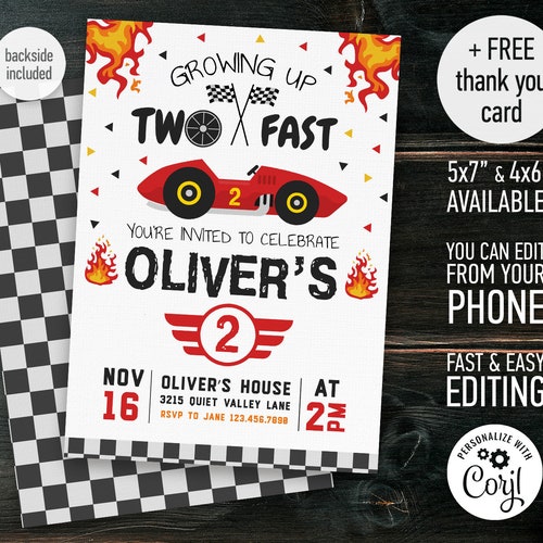 Editable Growing up TWO Fast Birthday Invitation Bundle - Etsy