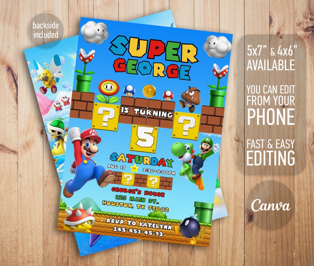 Mario Invitation, Printable Birthday Invite, Editable Invitation, Girl ...