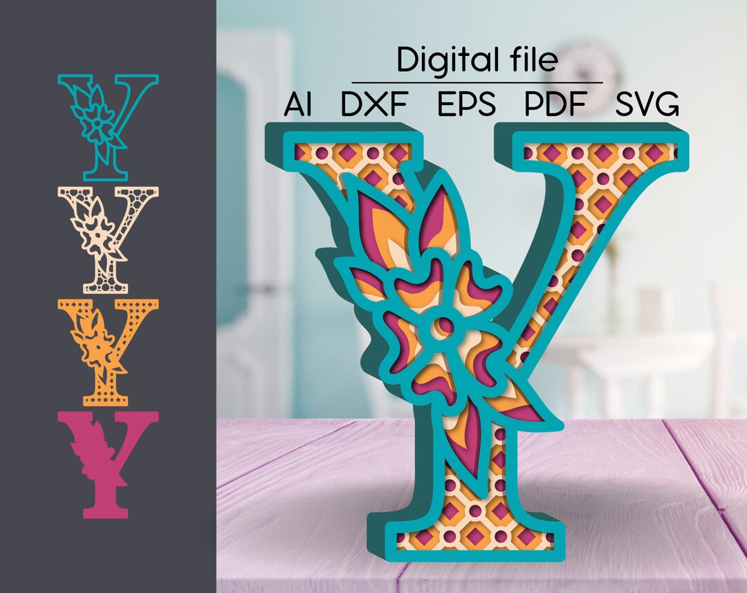 Letra en capas Y SVG, Alfabeto floral DXF, Letras 3D, Plantilla SVG de ...