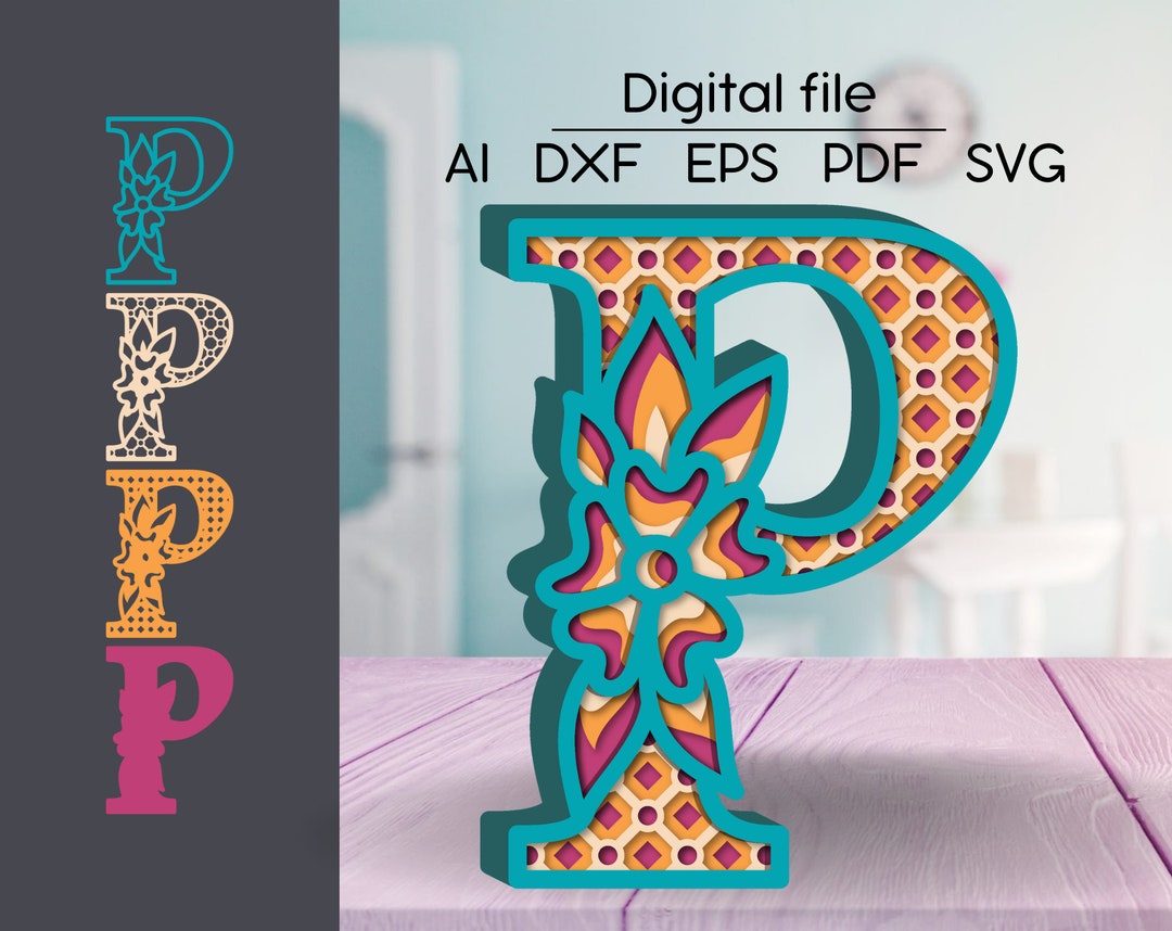 Letra P en capas SVG, Alfabeto floral DXF, Letras 3D, Plantilla SVG de ...