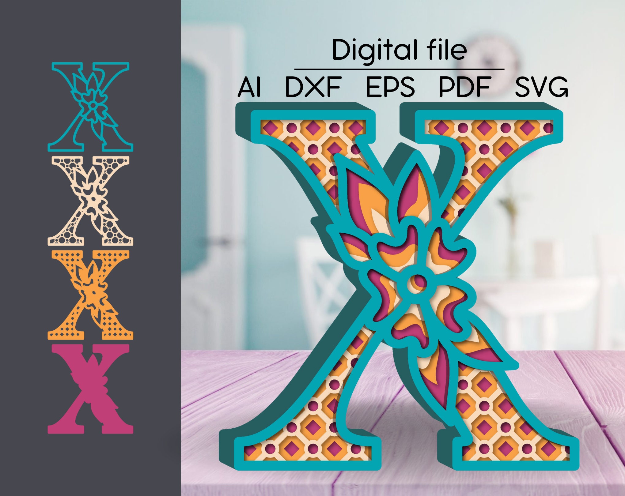 Letra en capas X SVG, Alfabeto floral DXF, Letras 3D, Plantilla SVG de ...