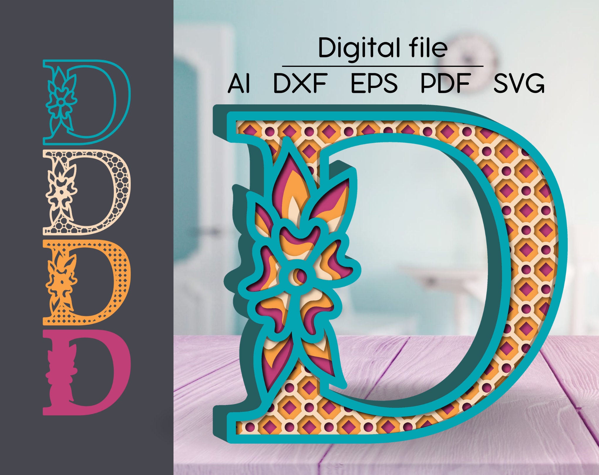 Layered Letter D SVG, Floral Alphabet DXF, Letters 3D, Paper/laser Cut ...