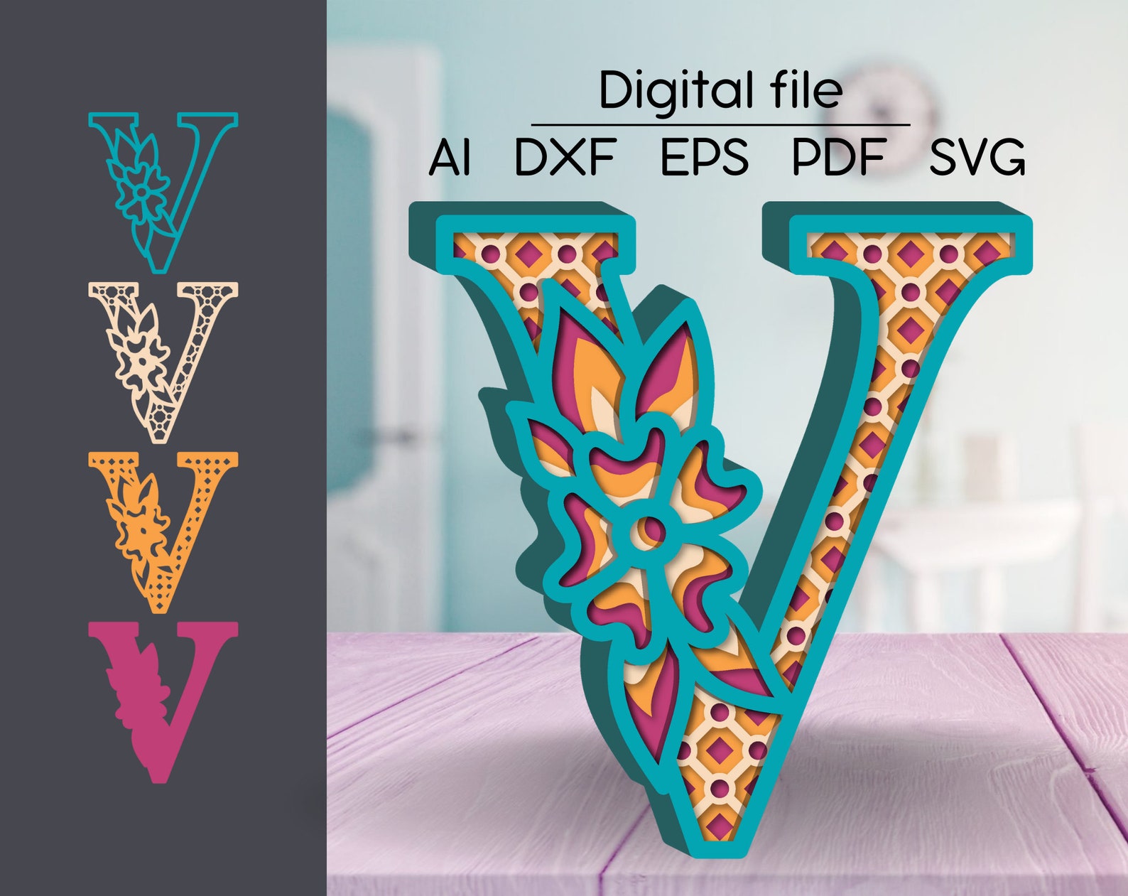 Layered Letter V SVG, Floral Alphabet DXF, Letters 3D, Paper/laser Cut ...