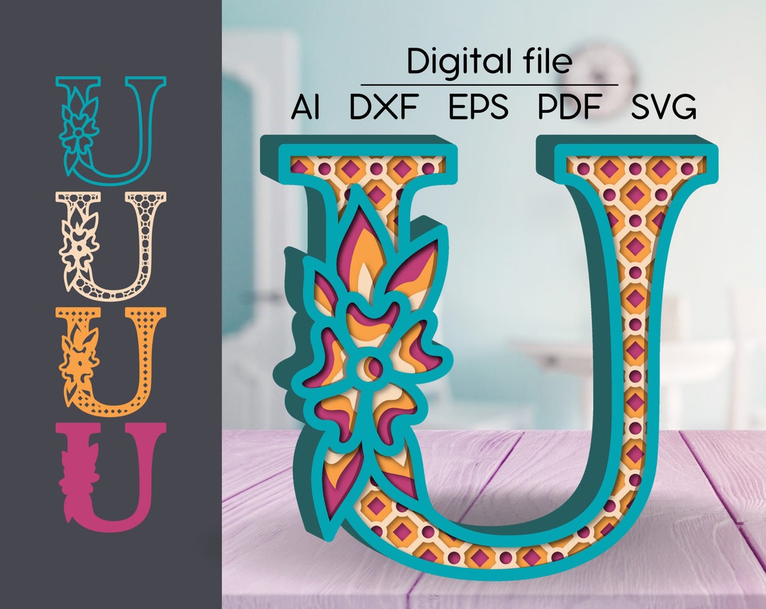 Letra U SVG en capas Alfabeto floral DXF Letras 3D - Etsy España