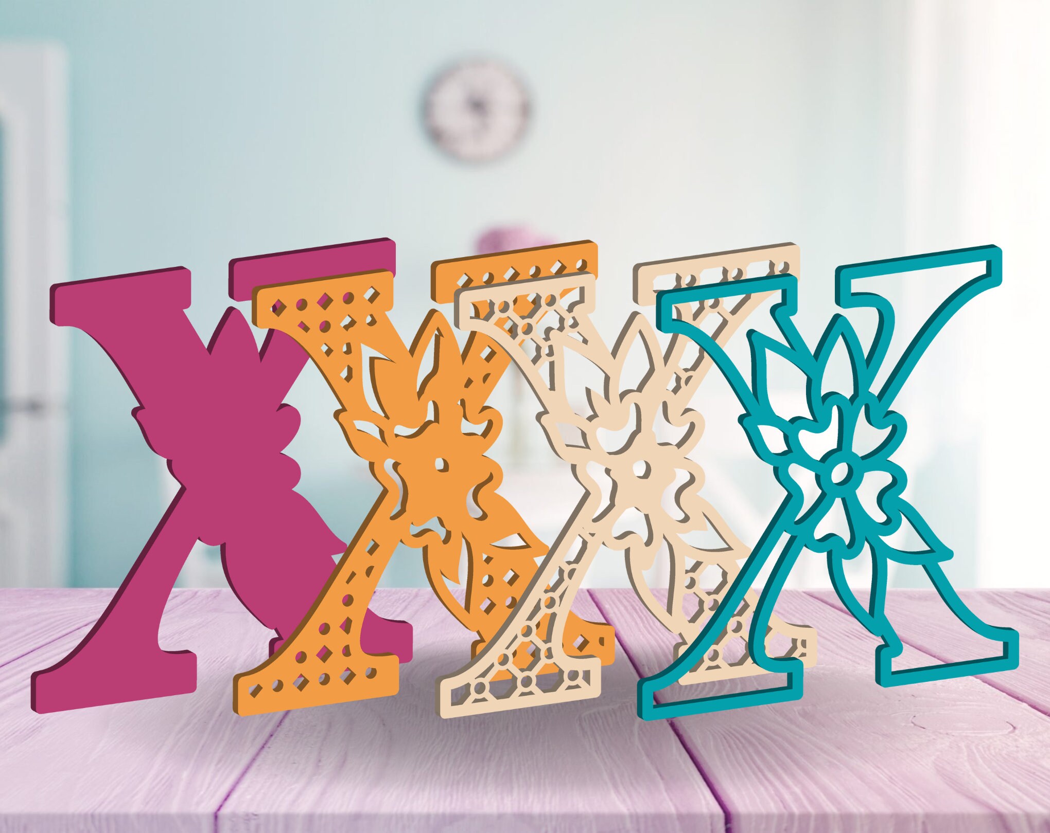 Letra en capas X SVG, Alfabeto floral DXF, Letras 3D, Plantilla SVG de ...