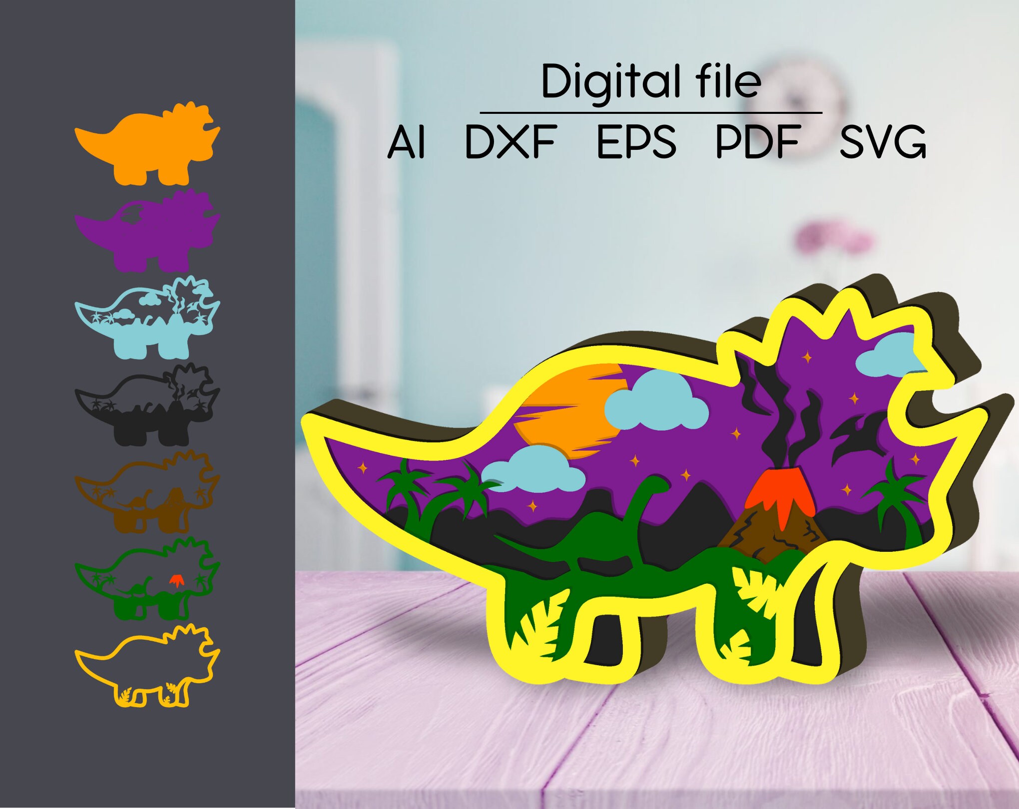 Layered Dinosaur Triceratops Digital Download, SVG, DXF, 3D Room Decor ...