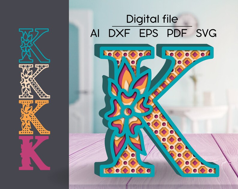Layered Letter K SVG Floral Alphabet DXF Letters 3D - Etsy